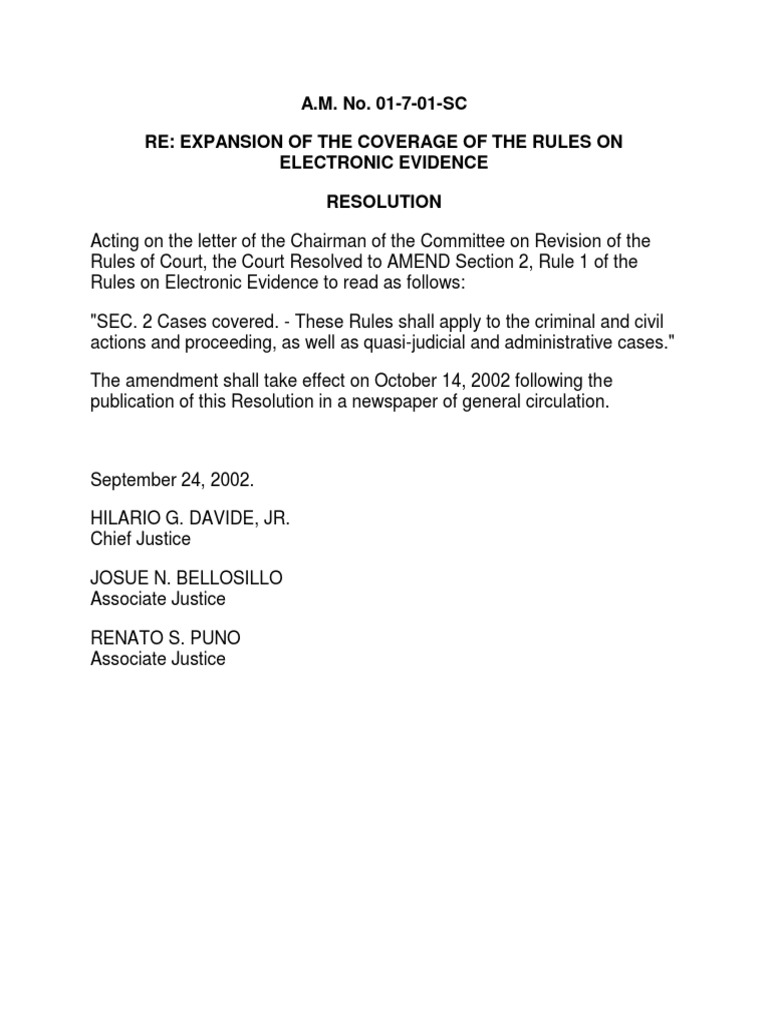 A.M. No. 01-7-01-SC Re: Expansion of The Coverage of The Rules On Electronic Evidence Resolution ...