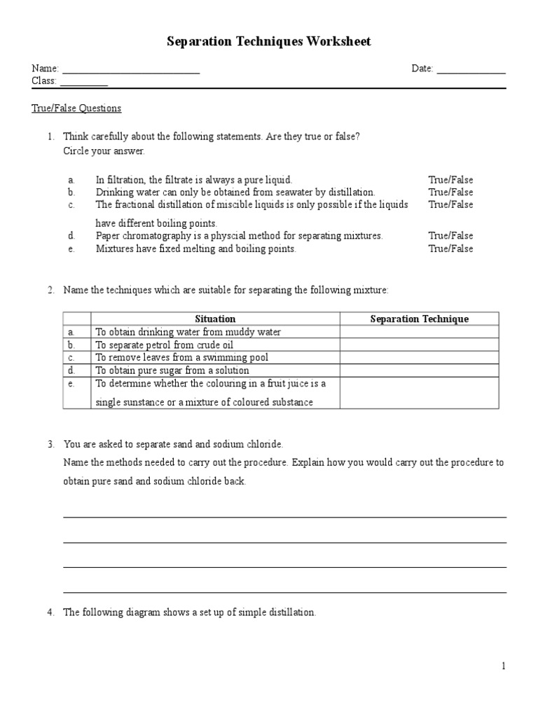 Separation Techniques Worksheet Ms Tay-1 | PDF | Distillation ...