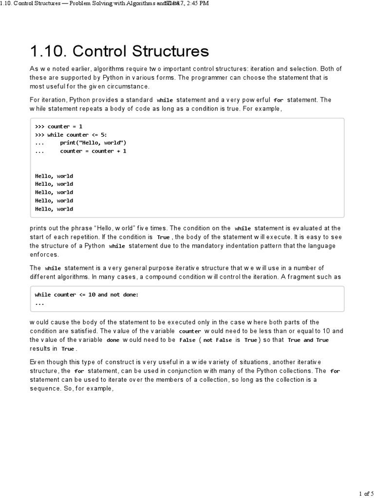 1.10. Control Structures - Problem Solving With Algorithms and Data Structures | PDF | Iteration ...