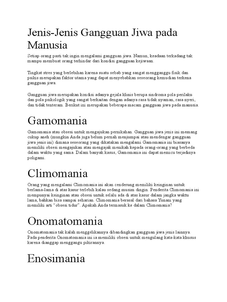 Jenis Gangguan Jiwa | PDF | Pengembangan Diri