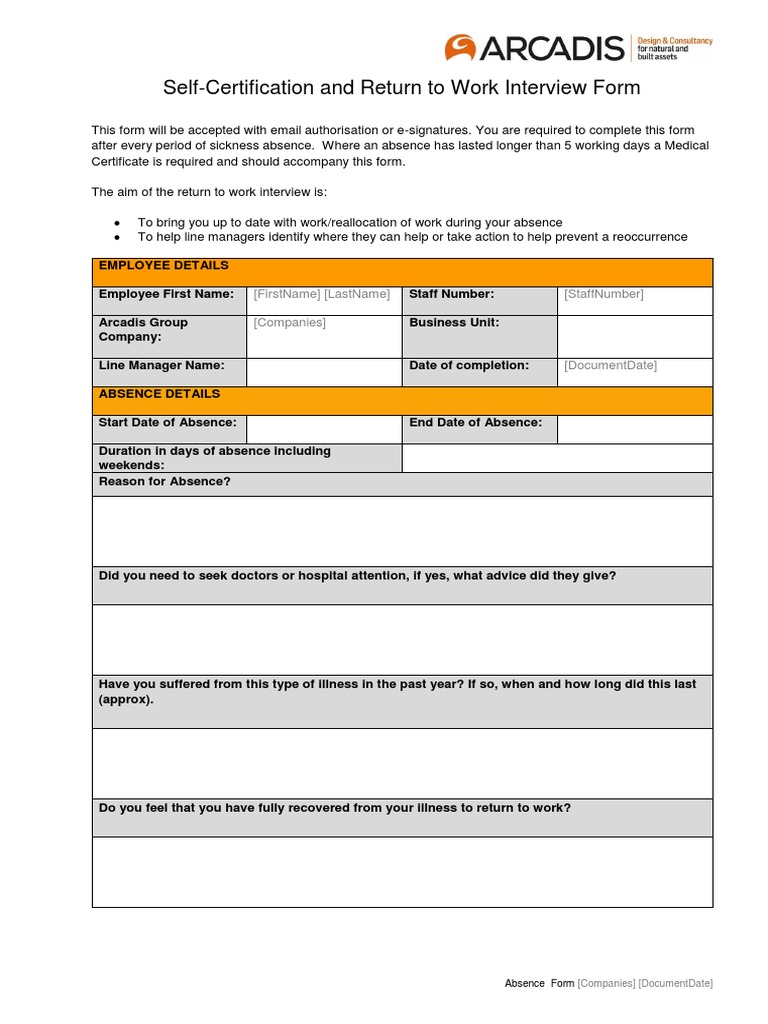 Self-Certificate and Return To Work Interview Form | PDF
