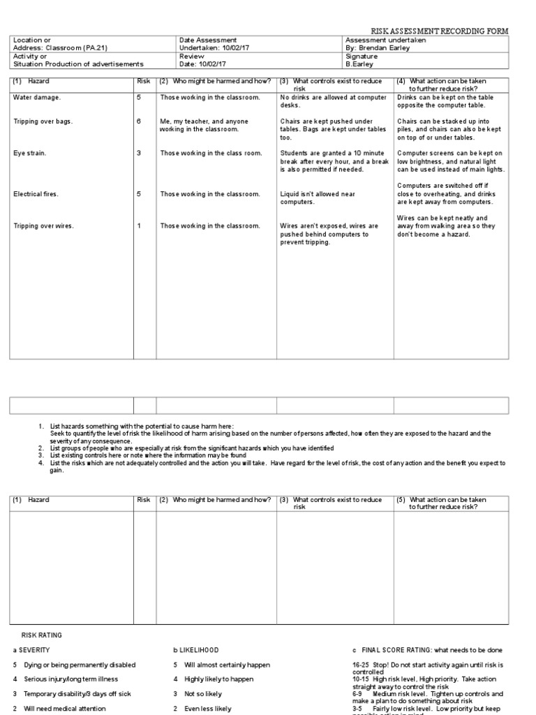 Risk Assessment Classroom | Risk | Risk Assessment