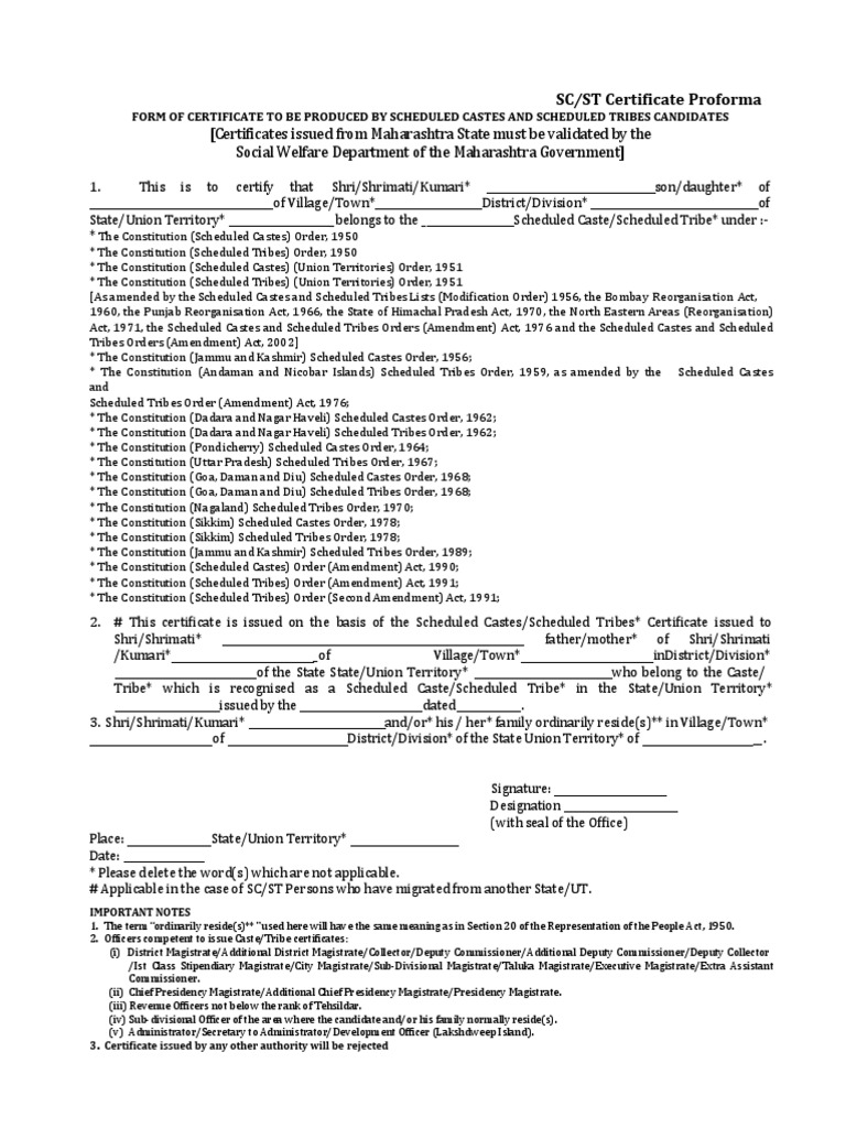 Proforma For SC ST Certificate | PDF | Magistrate | Government Of India