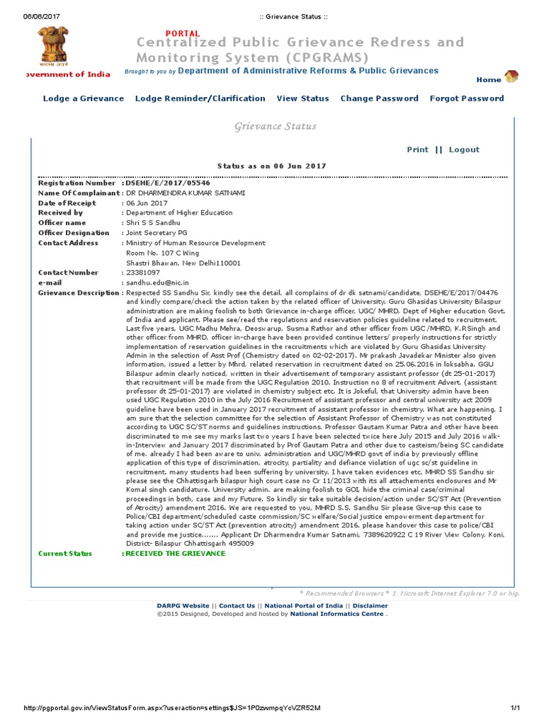Centralized Public Grievance Redress and Monitoring System (CPGRAMS ...
