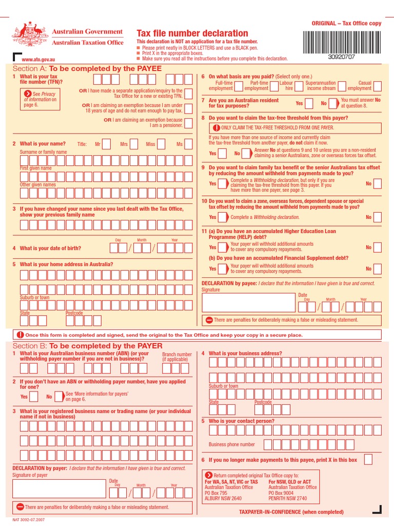 Tax File Number Declaration Form PDF | Download Free PDF | Withholding ...