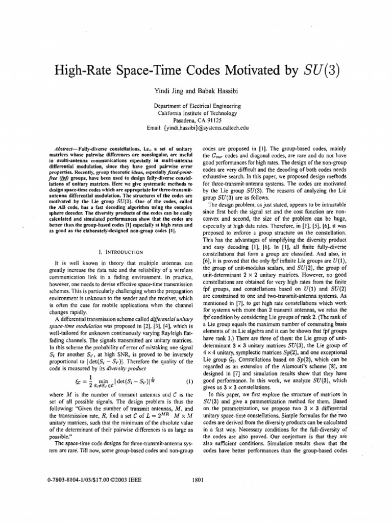 High-Rate: Space-Time Codes Motivated by | PDF | Determinant | Matrix ...