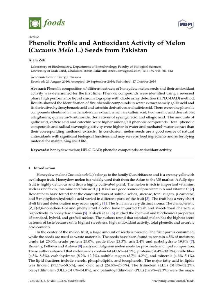 Phenolic Profile and Antioxidant Activity of Melon (Cucumis Melo L.) Seeds From Pakistan | PDF ...