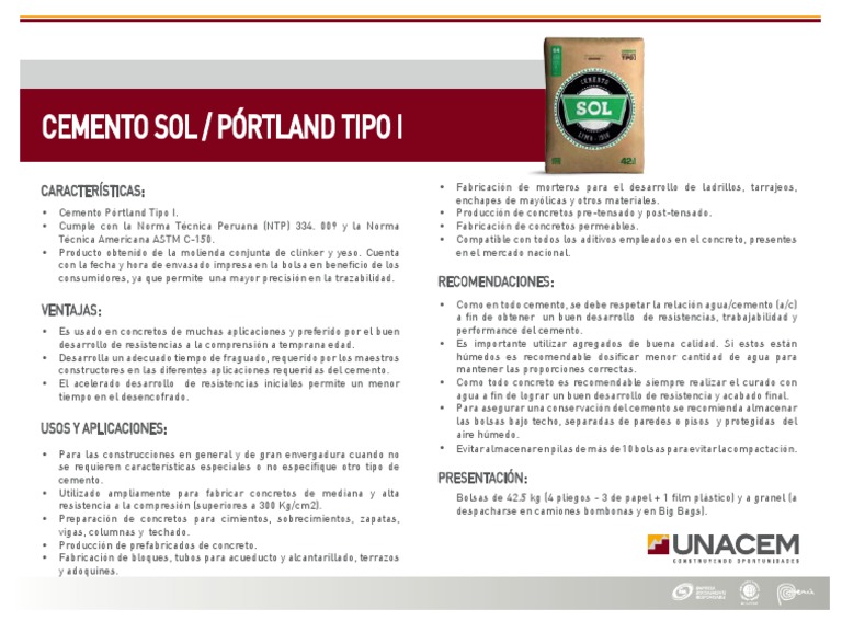 Cemento Sol Tipo I: Usos y Características | PDF | Cemento | Hormigón