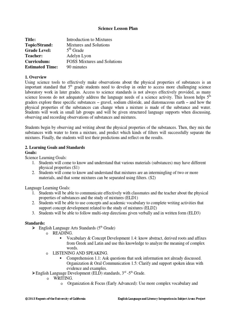 Mixtures Lesson Plan 1 Intro To Mixtures Lyon | PDF | Reading ...