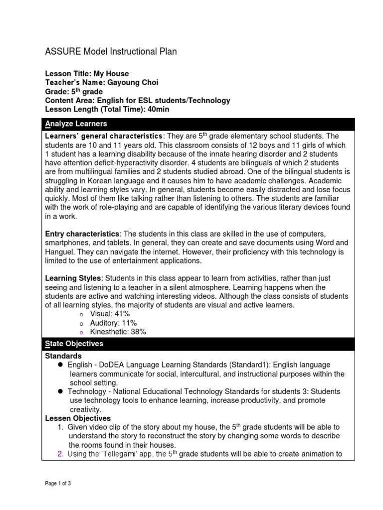 ASSURE Model Instructional Plan: Analyze Learners | PDF | Learning ...