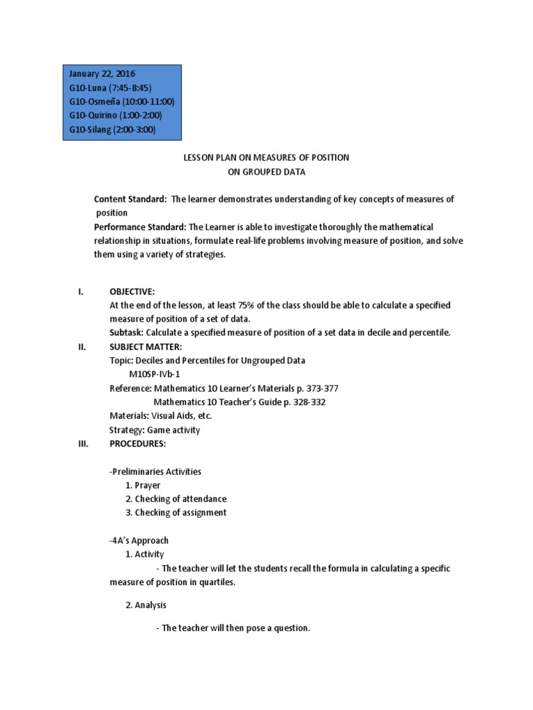Lesson Plan 1 | PDF | Percentile | Lesson Plan