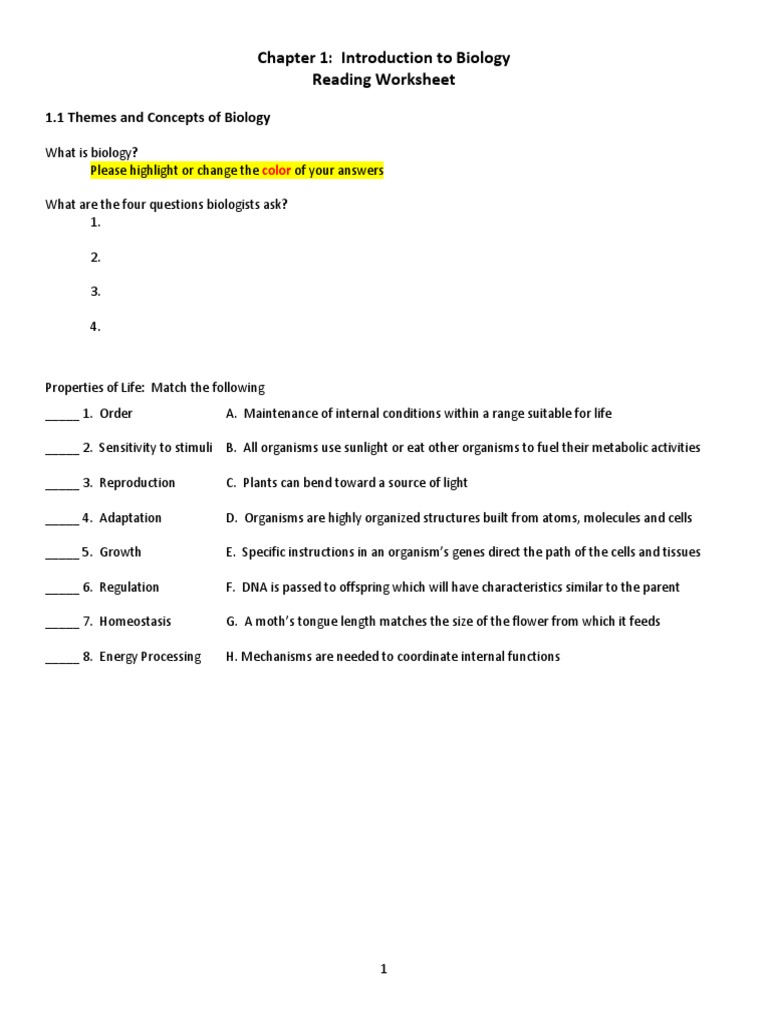 Introduction to Biology Worksheet | PDF | Organisms | Biology