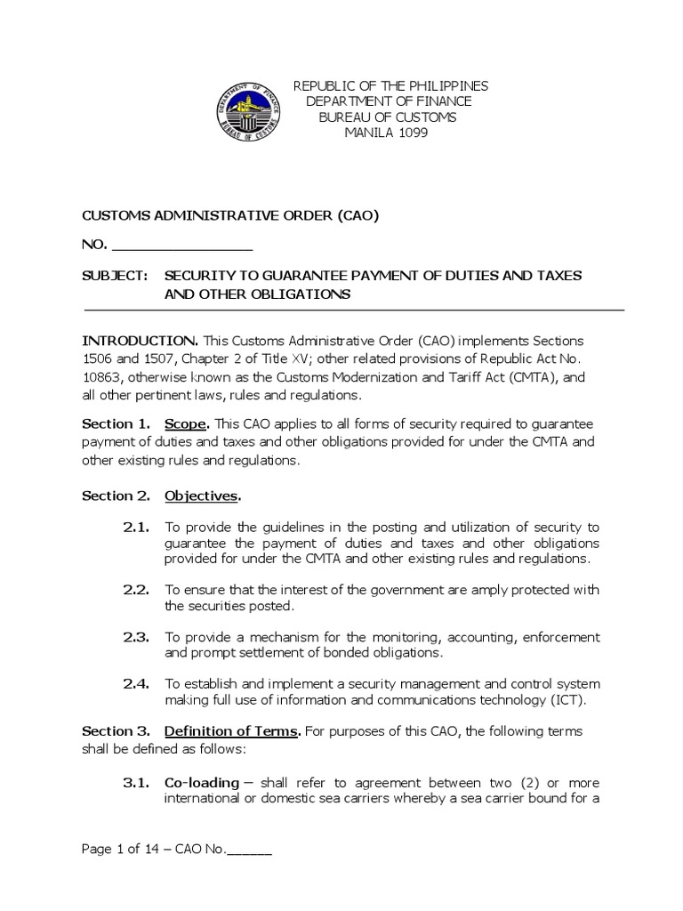 Proposed Bureau of Customs order on Security to Guarantee Payment of ...