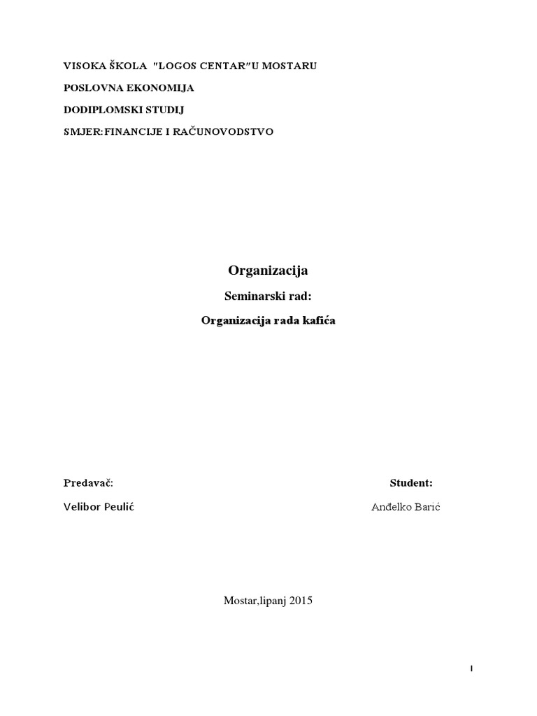 Organizacija Rada u Kafiću | PDF
