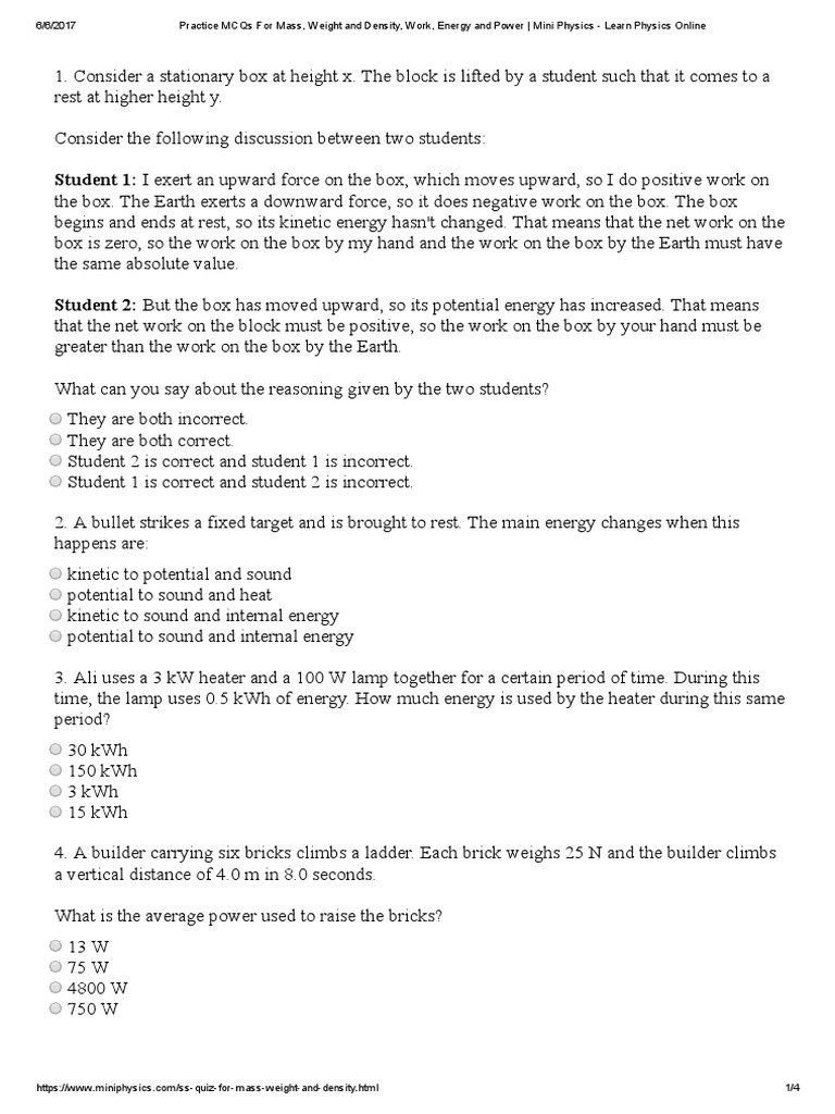Practice MCQs For Mass, Weight and Density, Work, Energy and Power - Mini Physics - Learn ...