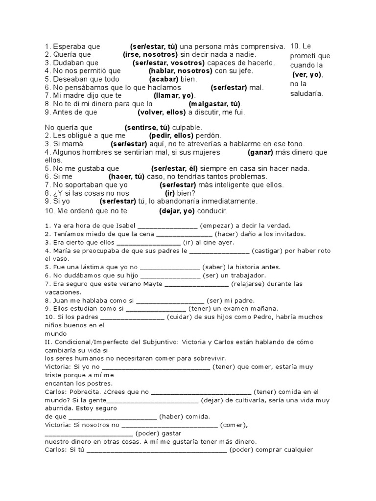 Ejercicios - Subjuntivo Imperfecto Condicional | Ocio