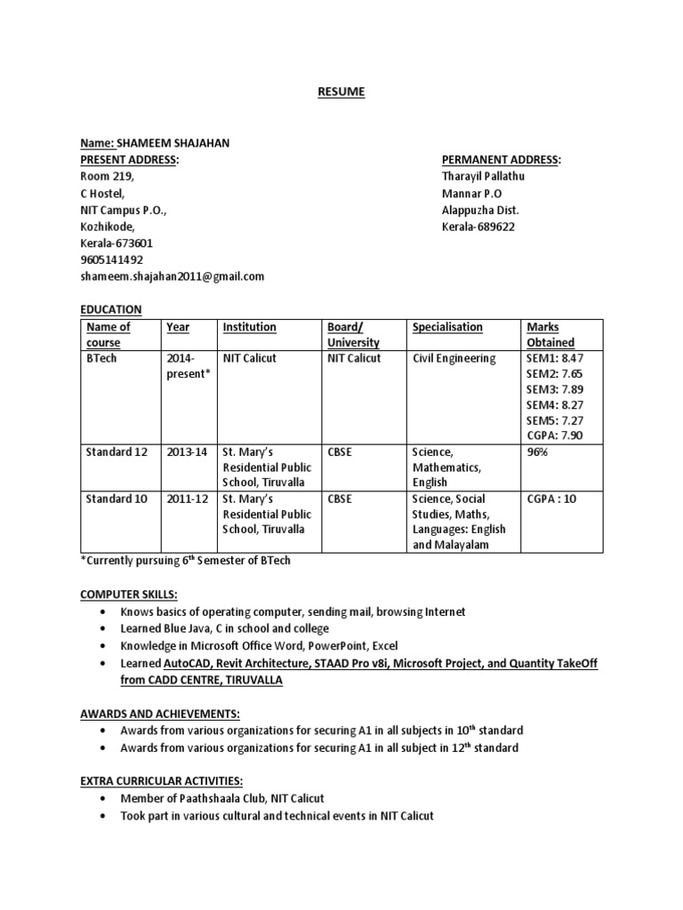 Name: Shameem Shajahan Present Address: Permanent Address:: Resume ...