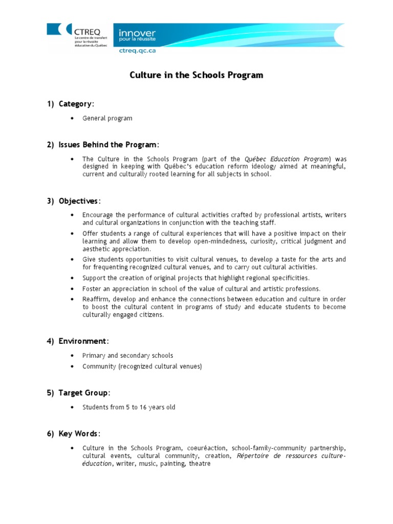 Cultural Engagement in Schools Program | PDF | Teachers | Creativity