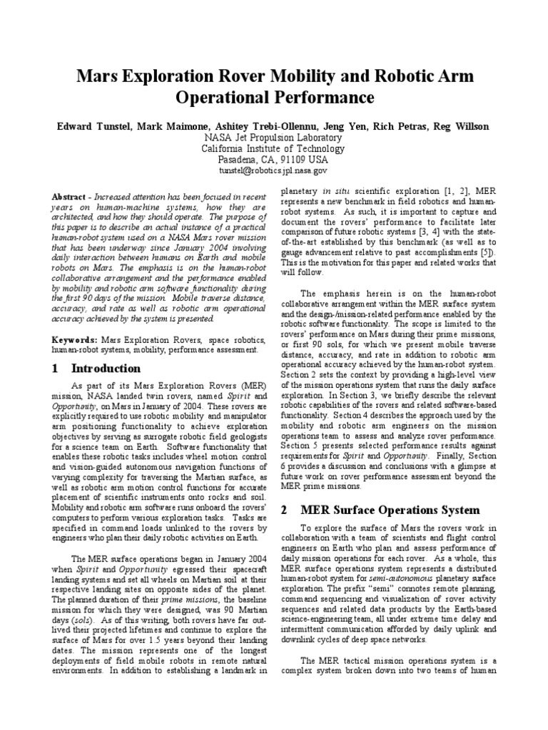 Mars Exploration Rover Mobility and Robotic Arm Operational Performance ...