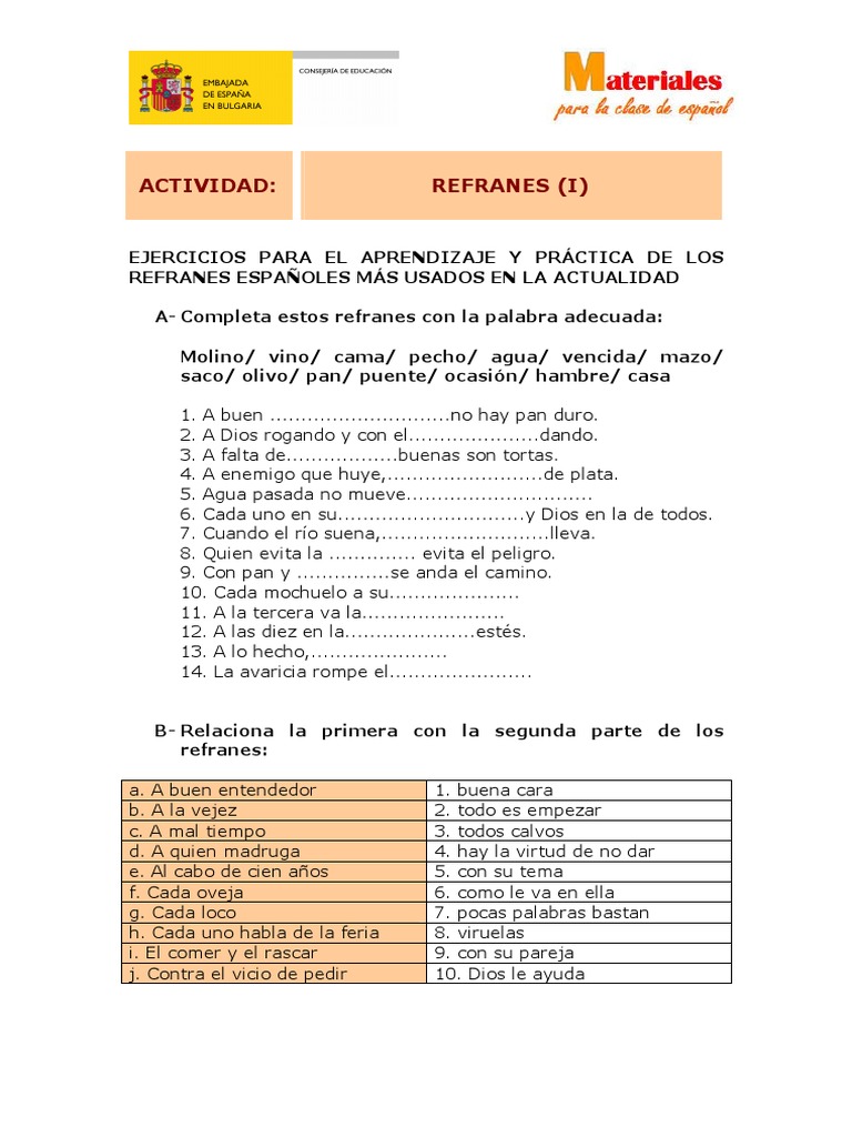 Refranes Ejercicios 1 | PDF | Alimentos