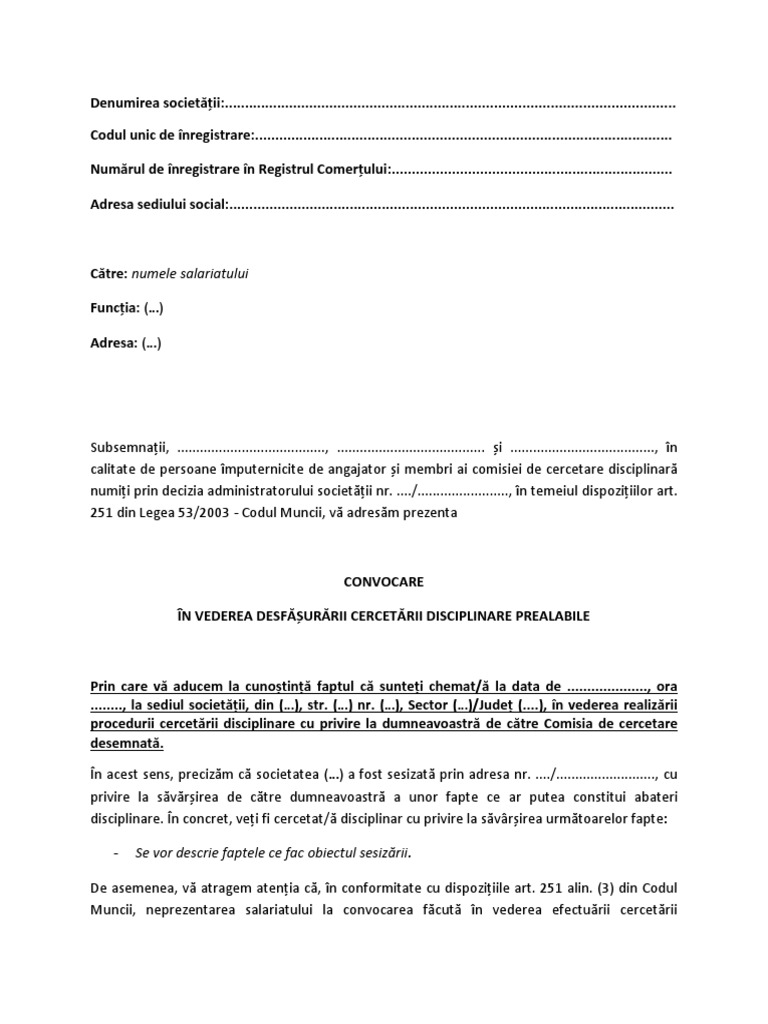 Model Convocare Cercetare Disciplinara v1 | PDF