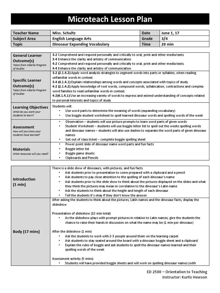 Microteach Lesson Plan Dinosaur | Download Free PDF | Lesson Plan | Vocabulary