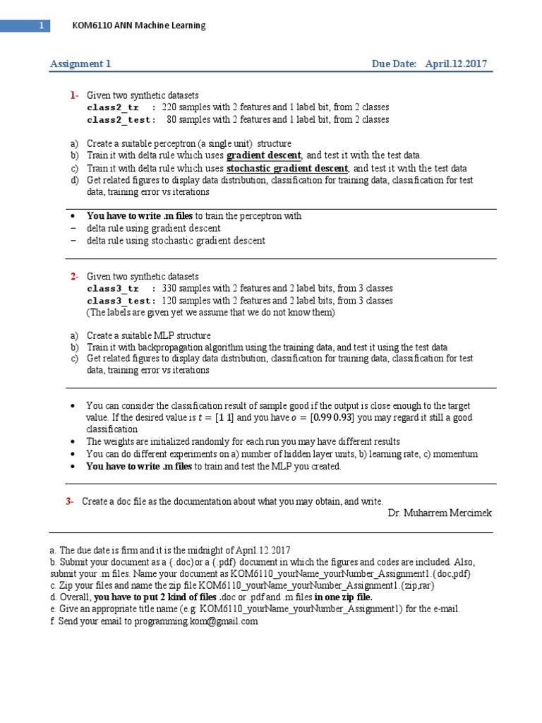 KOM6110 ANN - Machine - Learning Assignment 1 Spring 2017 | PDF | Statistical Classification ...