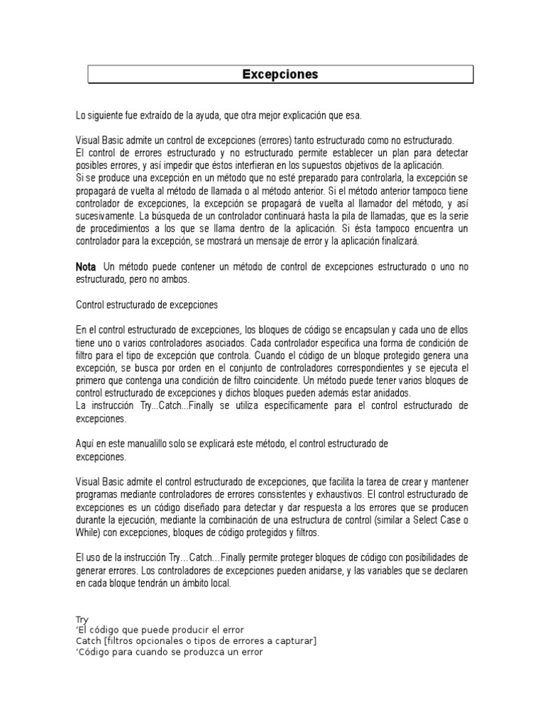Excepciones en Visual Basic | PDF | Programación de computadoras | Informática
