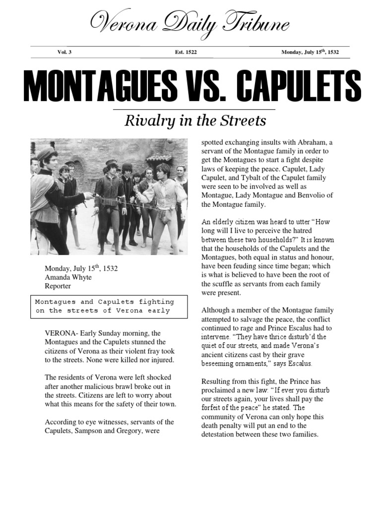 Montagues Vs Capulets Newspaper Article | PDF | Characters In Romeo And ...