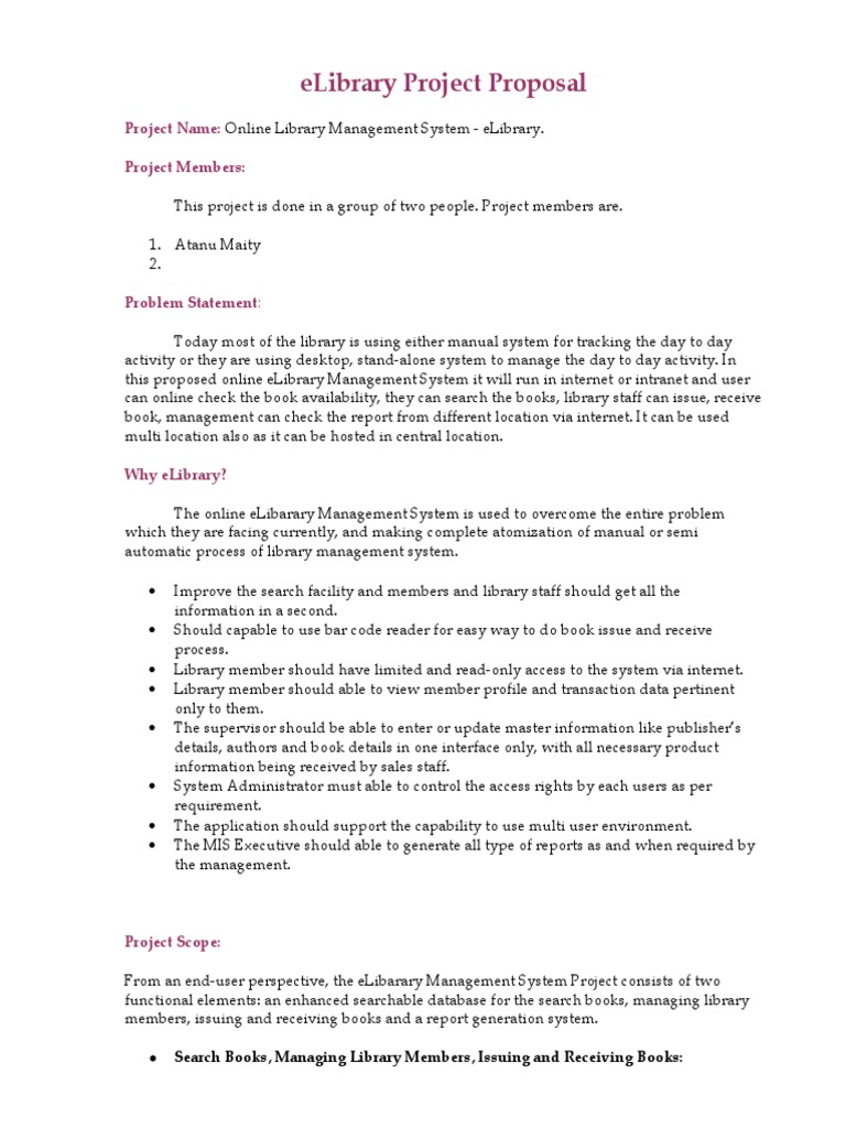 Elibrary Proposal | PDF | Library (Computing) | Databases