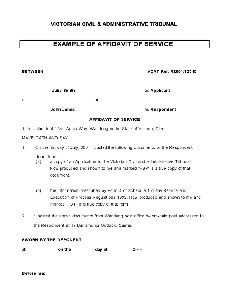 Example of Affidavit of Service: Victorian Civil & Administrative ...