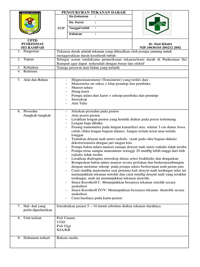 Sop Pengukuran Tekanan Darah | PDF