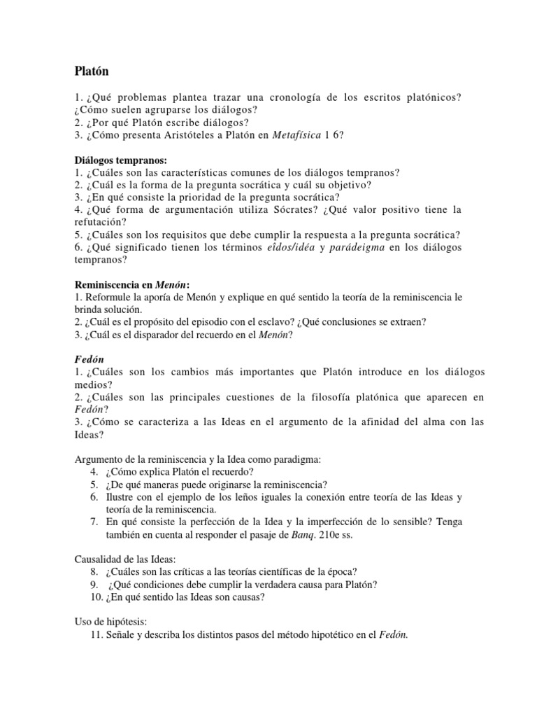 Platón, Cuestionario | PDF | Platón | Sócrates