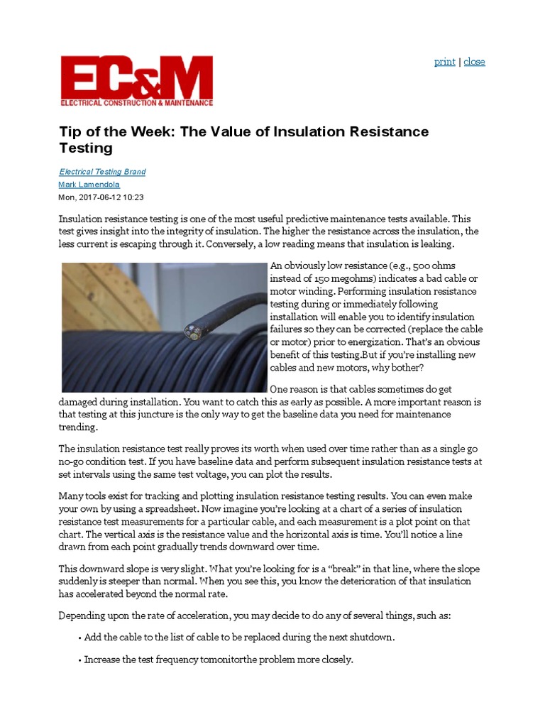 Tip of The Week - The Value of Insulation Resistance Testing PDF | PDF ...