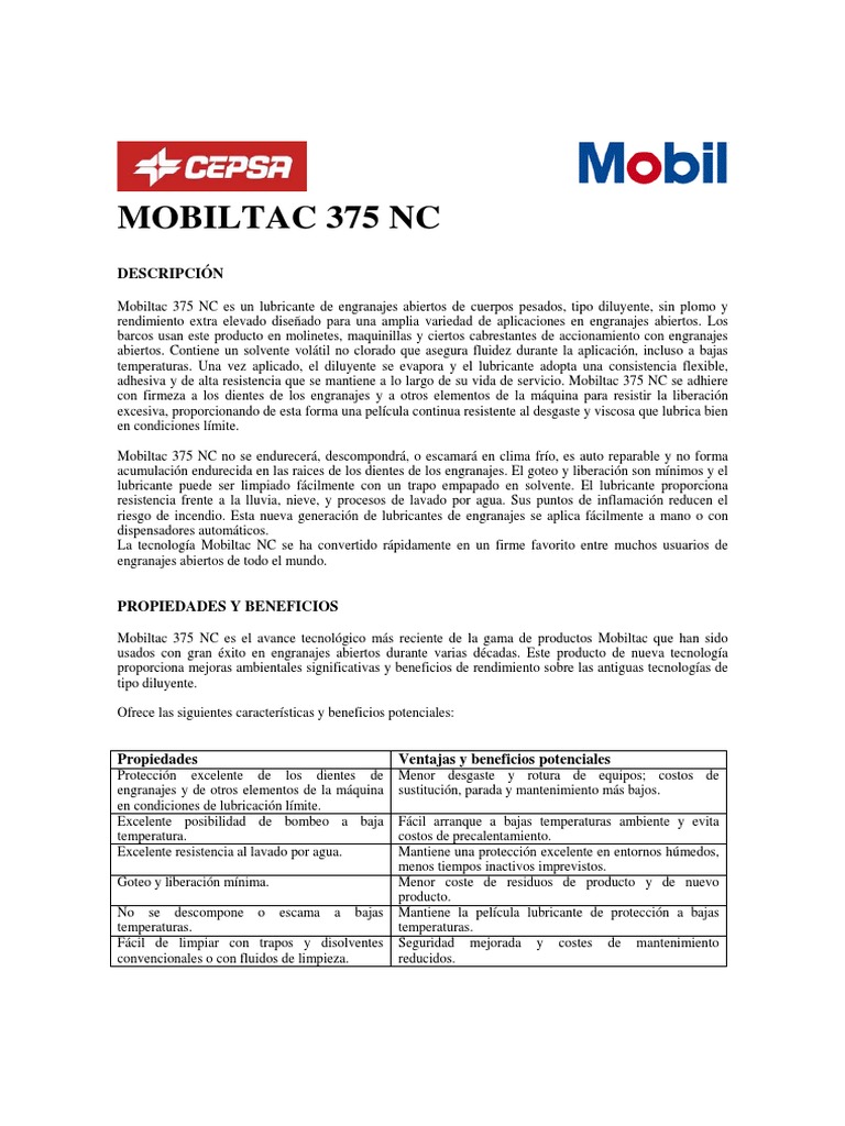 Lubricante de engranajes abiertos Mobiltac 375 NC | PDF | Engranaje ...