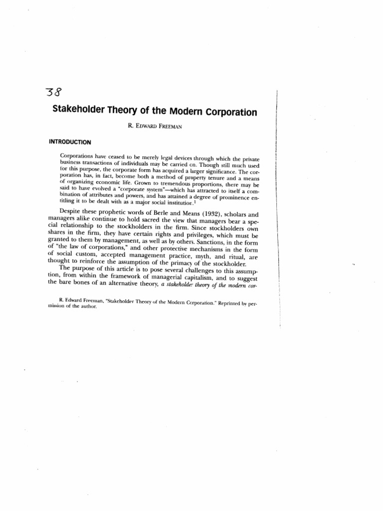Stakeholder Theory of Modern Corporation (R Edward Freeman) PDF | PDF