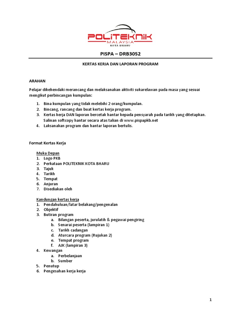 Contoh Kertas Kerja Laporan Aktiviti