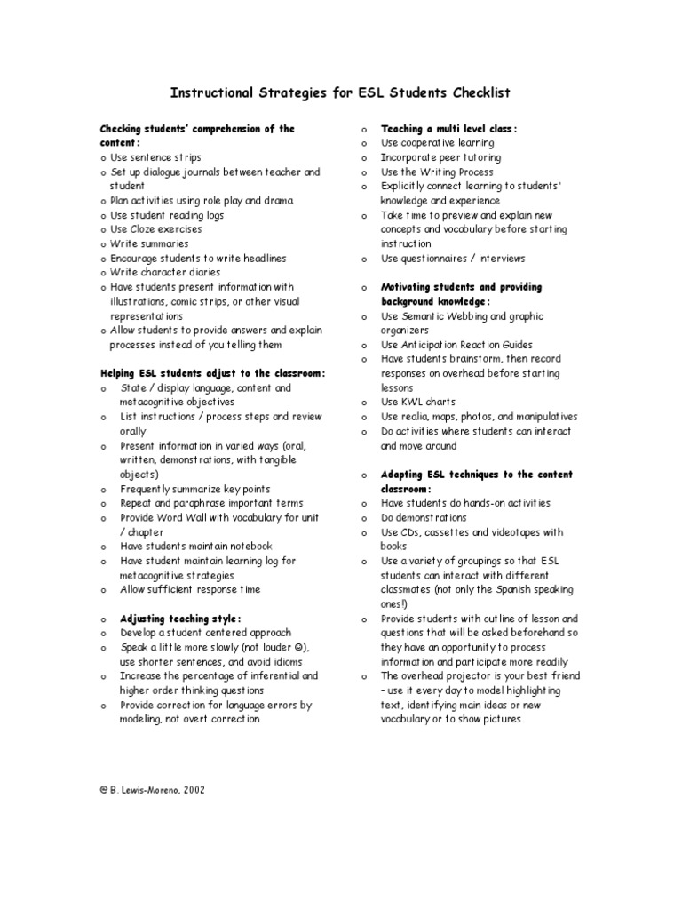 ESL Instructional Strategies Checklist | PDF | English As A Second Or ...