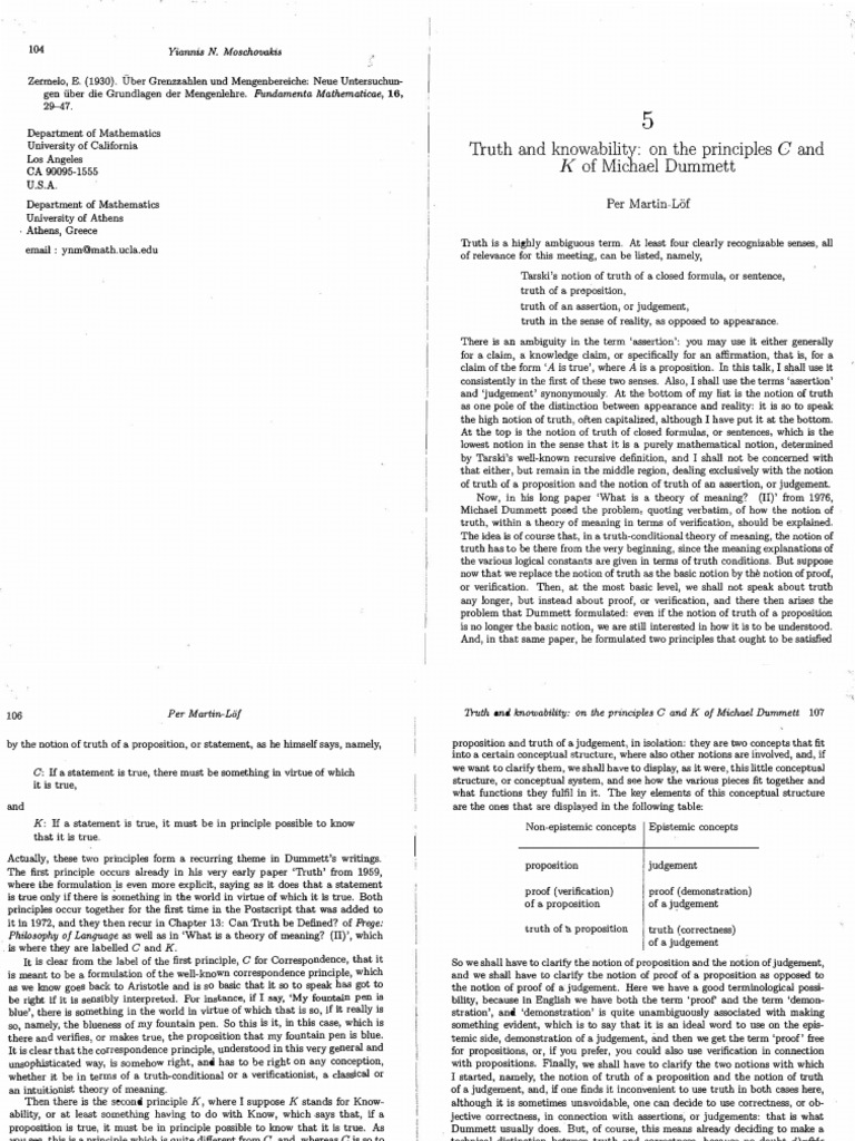 Per Martin-Löf, Truth Knowability Dummett | PDF | Mathematical Proof ...