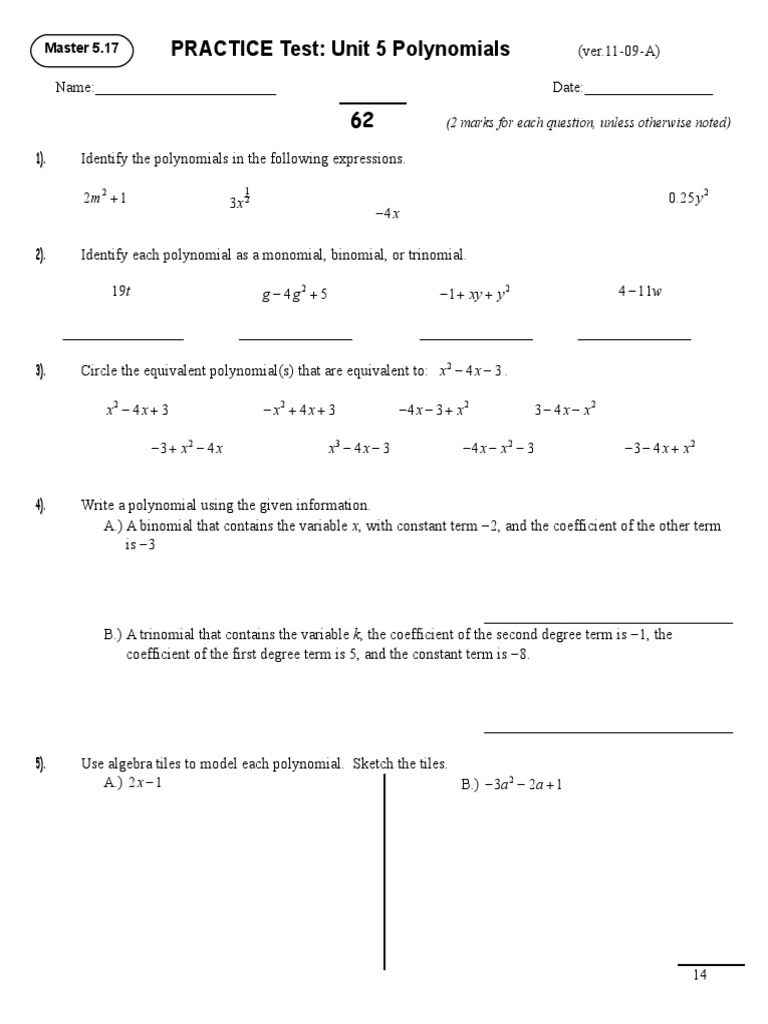 Polynomial Practice Test Unit 5 | PDF | Polynomial | Computational Science