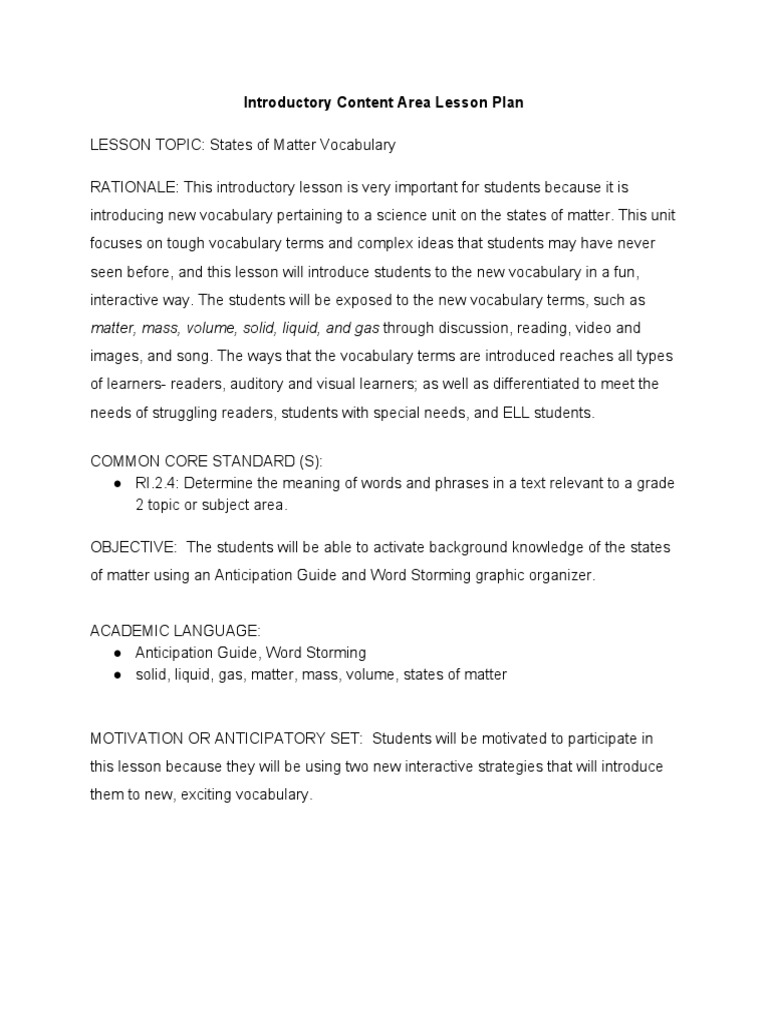 Introductory Content Area Lesson Plan: Matter, Mass, Volume, Solid ...