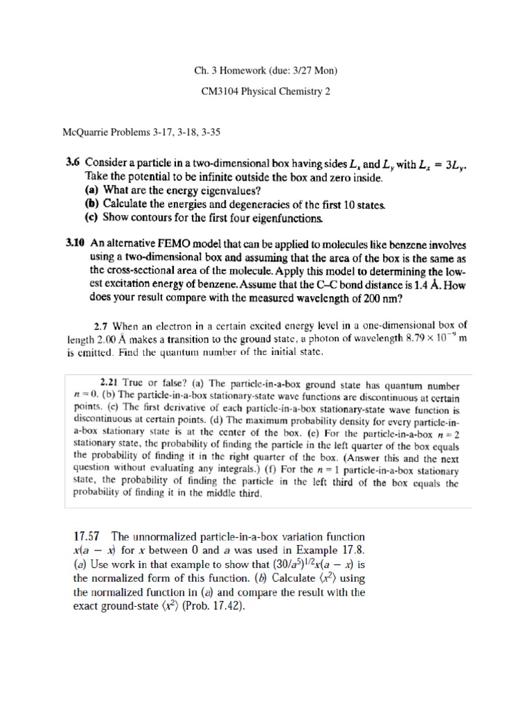 Ch. 3 Homework (Due: 3/27 Mon) CM3104 Physical Chemistry 2 | PDF
