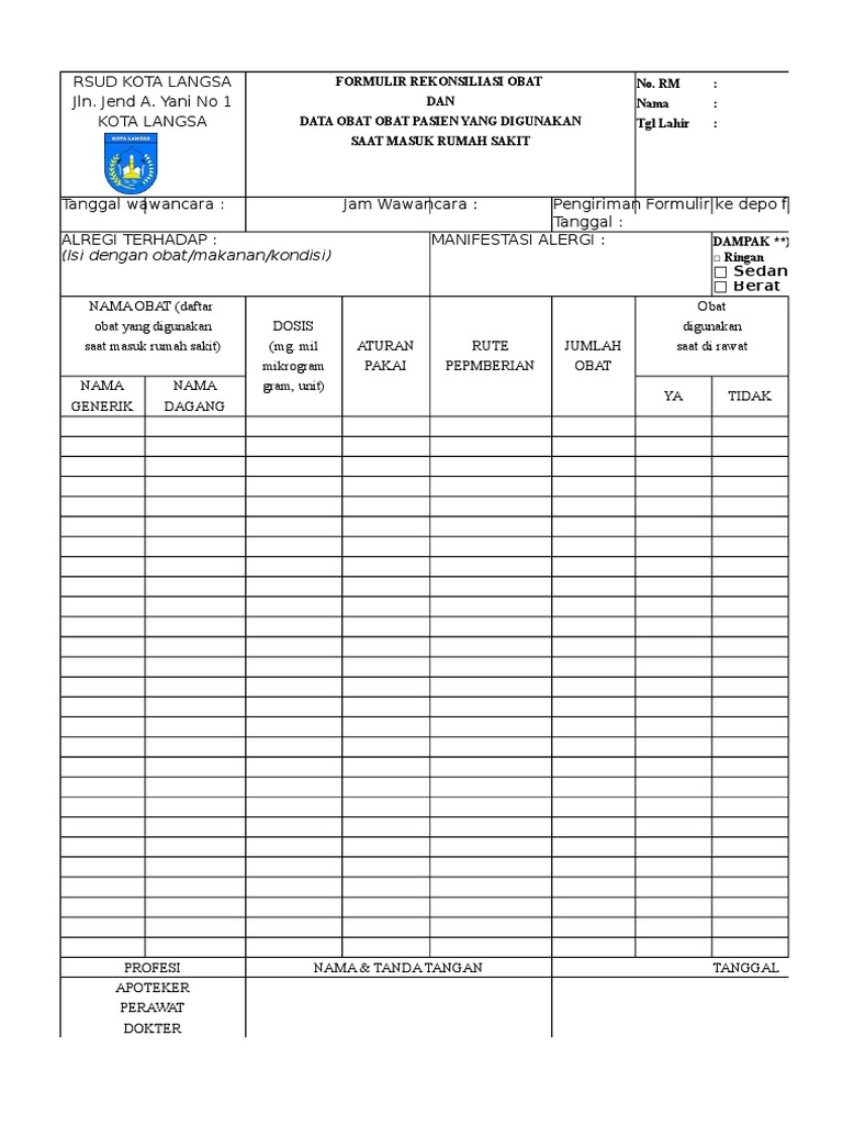 Formulir Rekonsiliasi Obat PDF | PDF