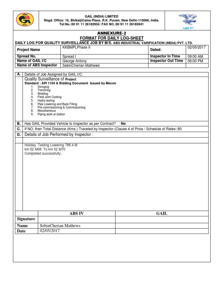 Quality Surveillance Of: Annexure-2 Format For Daily Log-Sheet | PDF | Mechanical Engineering ...