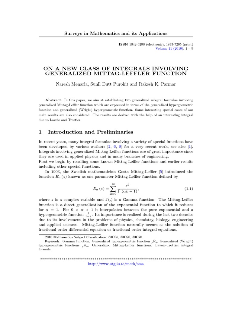On A New Class Of Integrals Involving Generalized Mittag Leffler Function Pdf Theorem Integral
