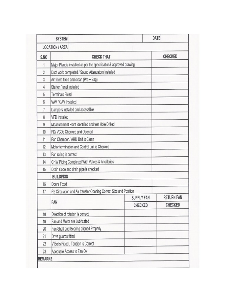 Pre Commissioning Check Test Sheet Air Handling Units | PDF