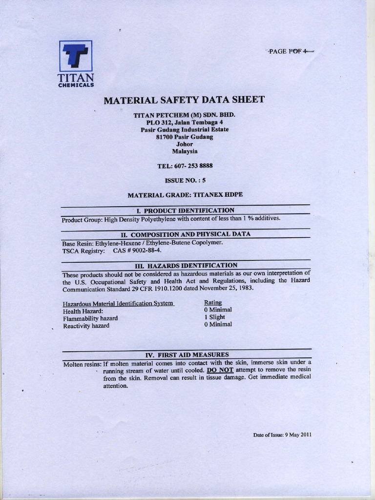 Hdpe MSDS | PDF | Industries | Materials