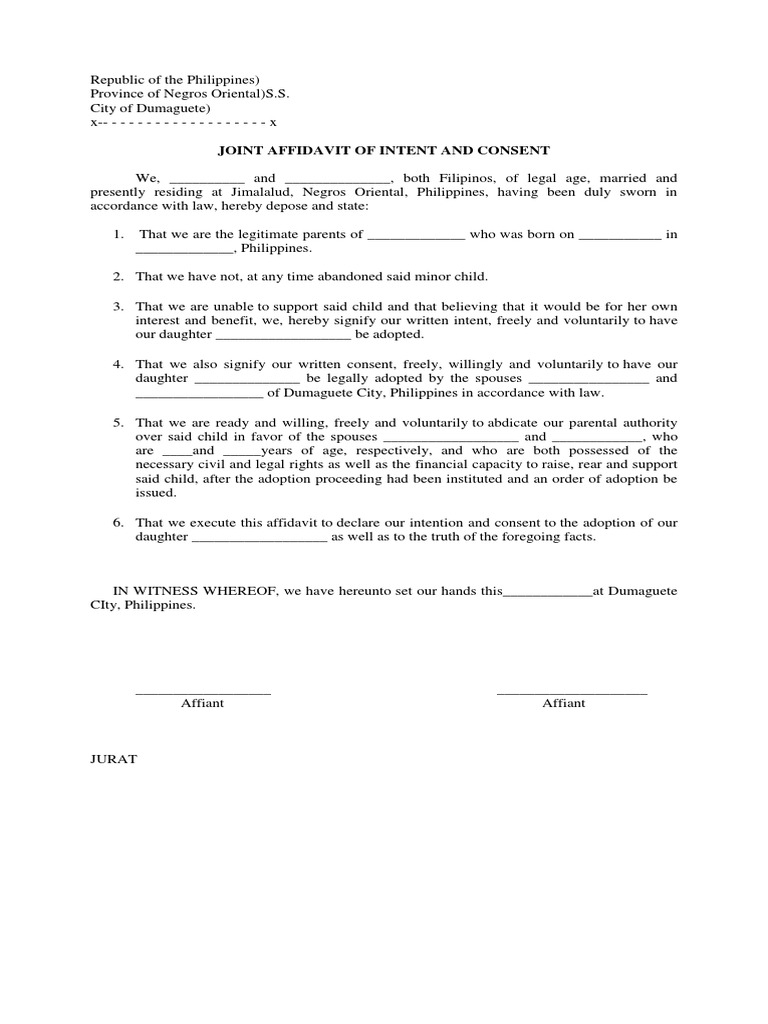 Joint Affidavit of Intent and Consent