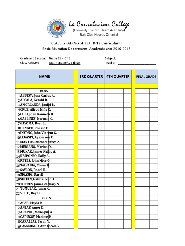 CLASS GRADING SHEET (K-12 Curriculum) : Basic Education Department ...