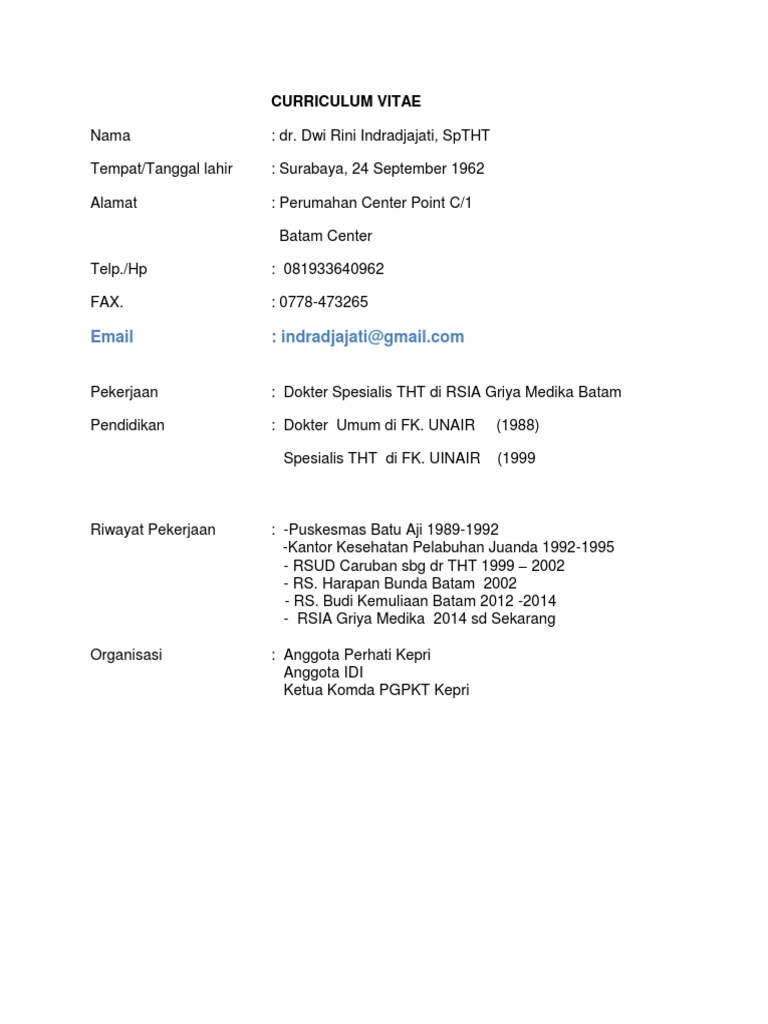 CV - Dr. Dwi Rini Indradjajati, SPTHT | PDF